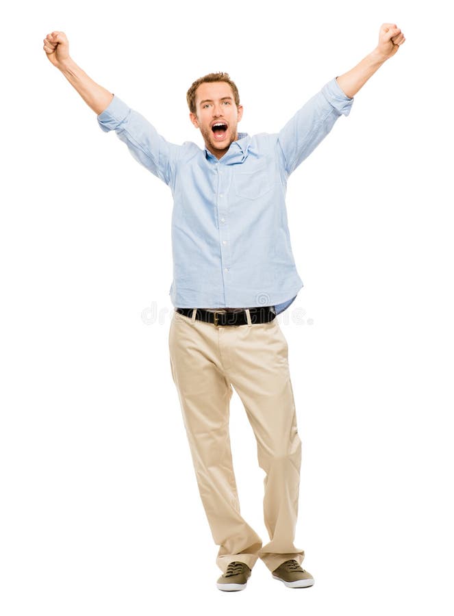 Happy Man Celebrating Arms Up Success Stock Photo - Image of casual ...