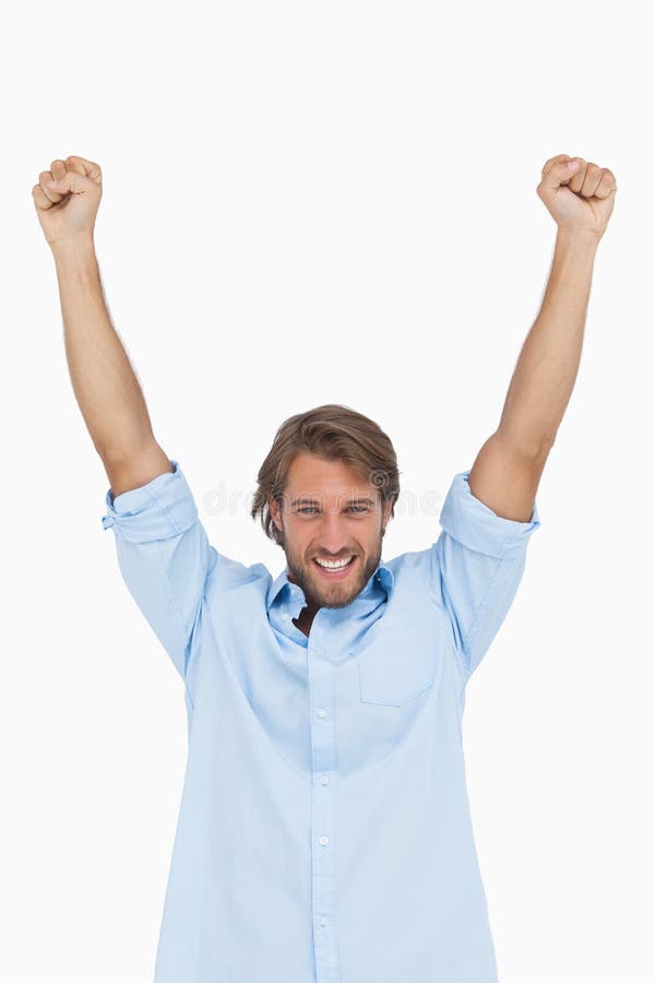 Happy Man Celebrating Success with Arms Up Stock Photo - Image of ...