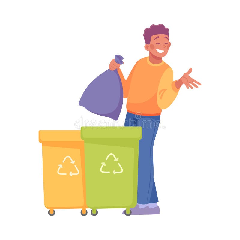 Happy Man Character Gather Garbage Saving Planet Vector Illustration ...