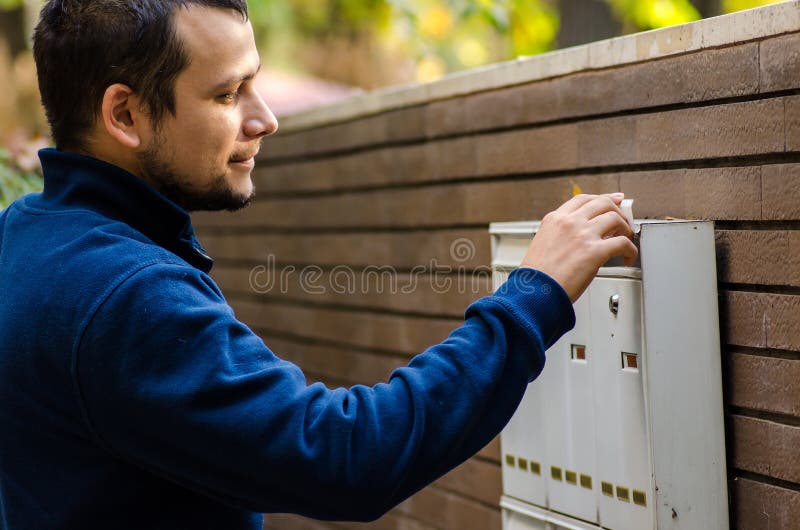 Happy Man Checking Mail Box Stock Image - Image of advertising ...
