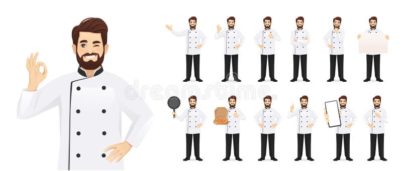 Happy Man Chef Cook Wearing Uniform in Different Poses Stock Vector ...