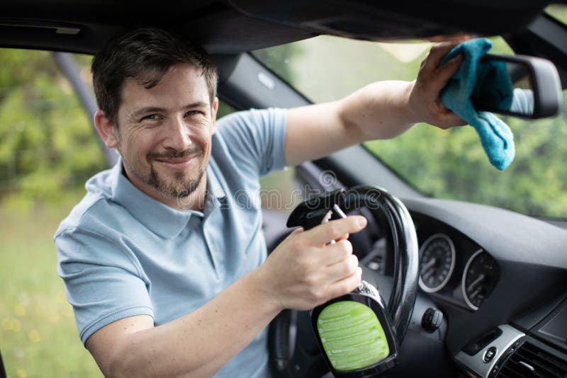 Happy Man Cleaning Car Inside Stock Image - Image of occupation ...