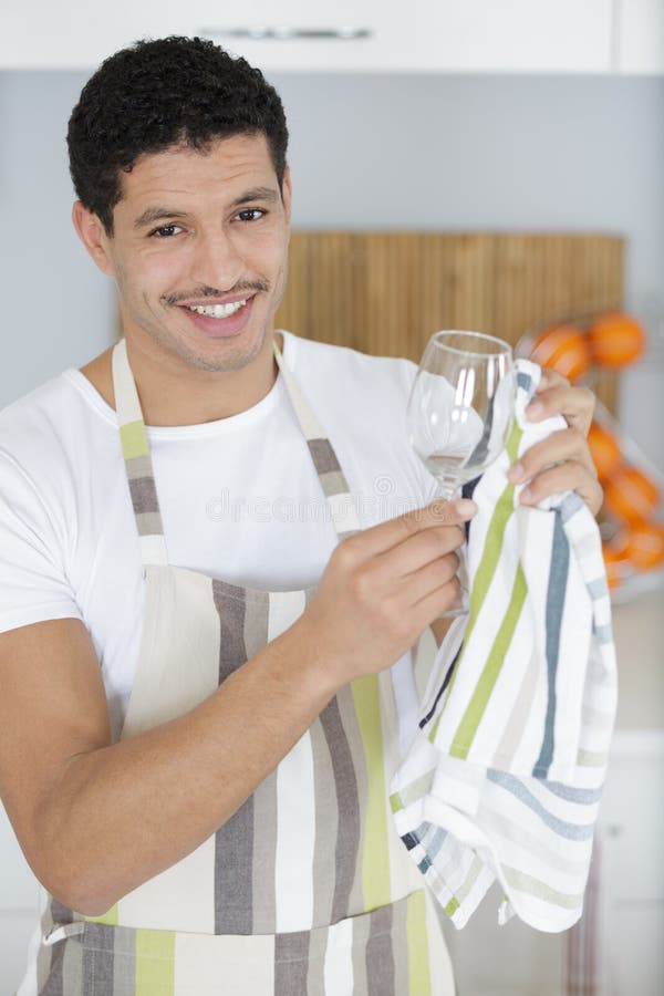 Happy Man Cleaning Glass on Bar Stock Photo - Image of photogenic ...