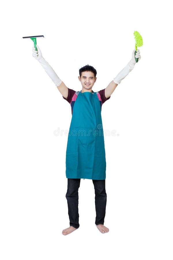 Happy Man with Cleaning Tools Stock Image - Image of background ...