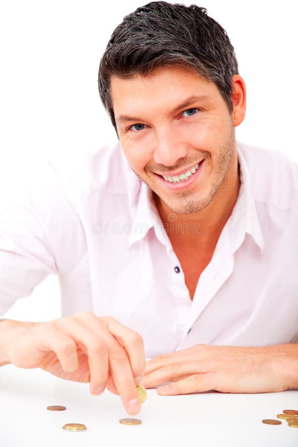 Happy Young Man Using Mobile Phone Stock Image - Image of indoors ...