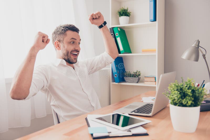 Happy Man Completed Task and Triumphing with Raised Hands Stock Photo ...