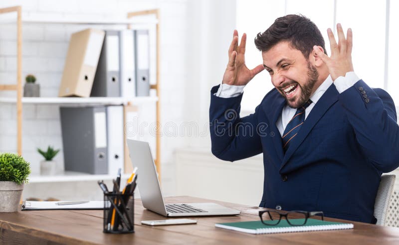 Happy Man Completed Task and Triumphing with Raised Hands Stock Image ...