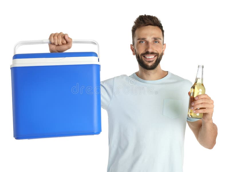 Happy Man with Cool Box and Bottle of Beer on White Background Stock ...