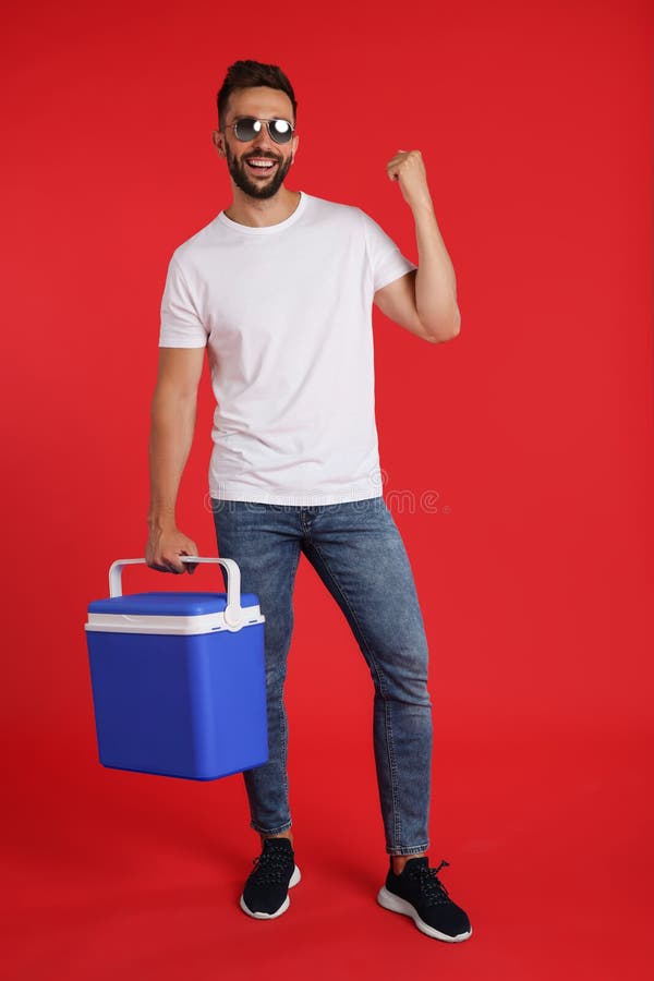 Happy Man with Cool Box on Red Background Stock Photo - Image of frost ...