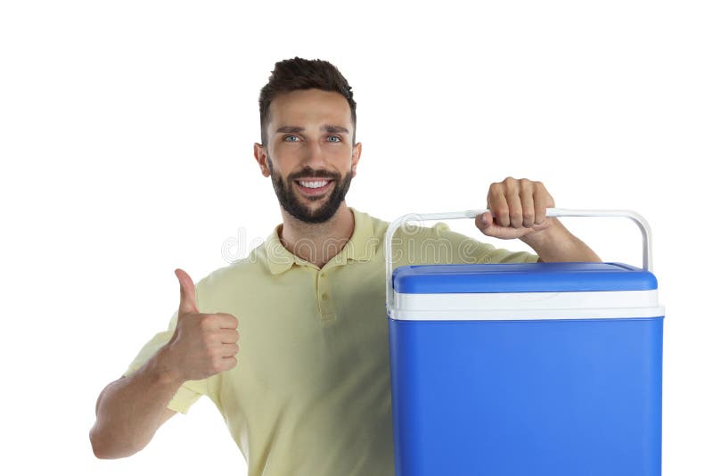 Happy Man with Cool Box Showing Thumb Up on White Background Stock ...