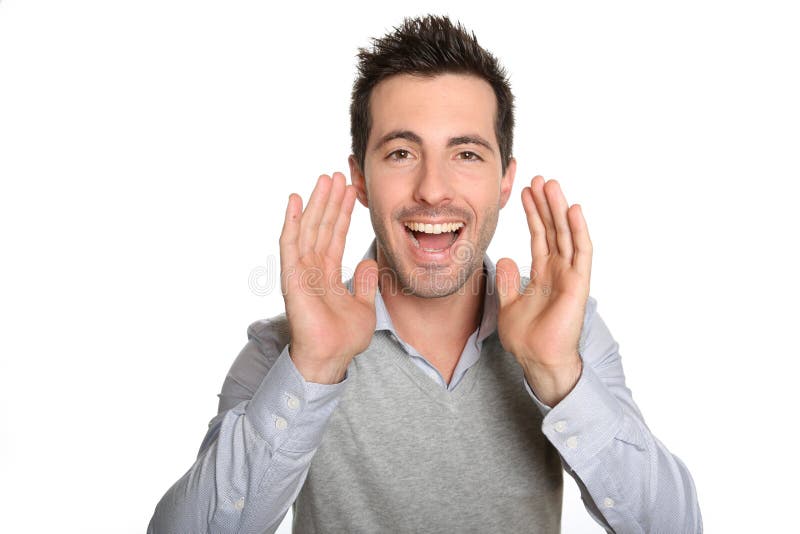 Happy Man Crying with Hands Opened Stock Photo - Image of caucasian ...