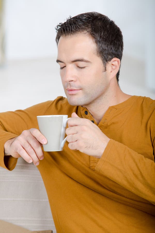 Happy Man with Cup Tea at Home Stock Image - Image of resting, room ...