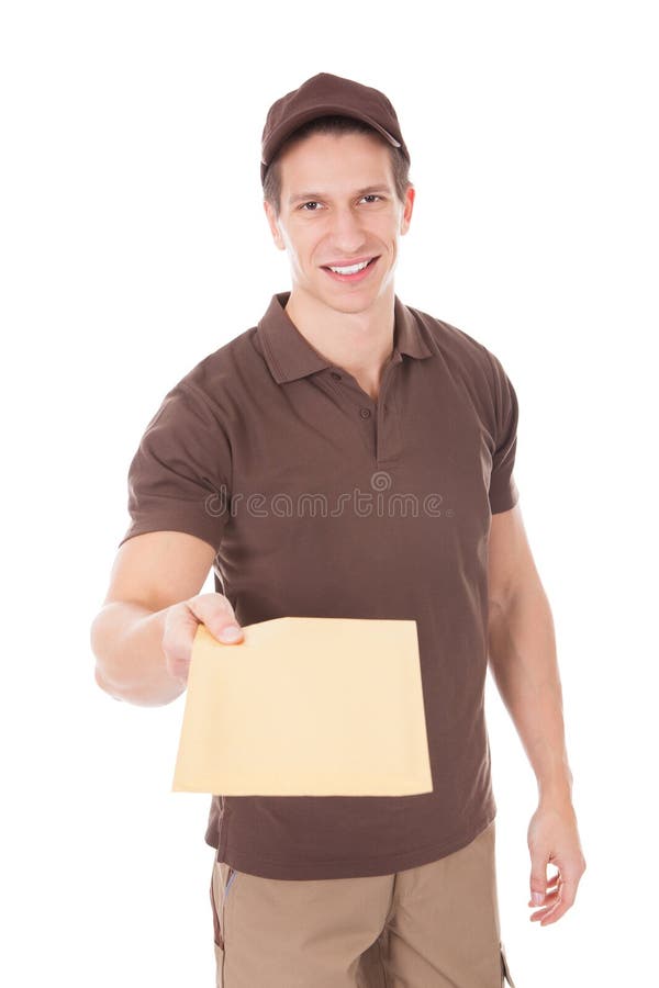 A Young Postman Delivering Mail Stock Photo - Image of holding ...