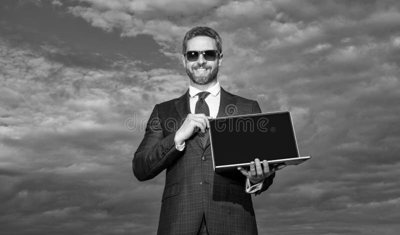 Happy Man Developer Showing Open Laptop Successful Desktop Software ...