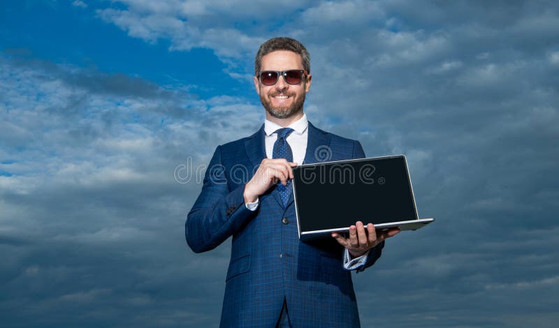 Happy Man Developer Showing Open Laptop. Successful Desktop Developer ...