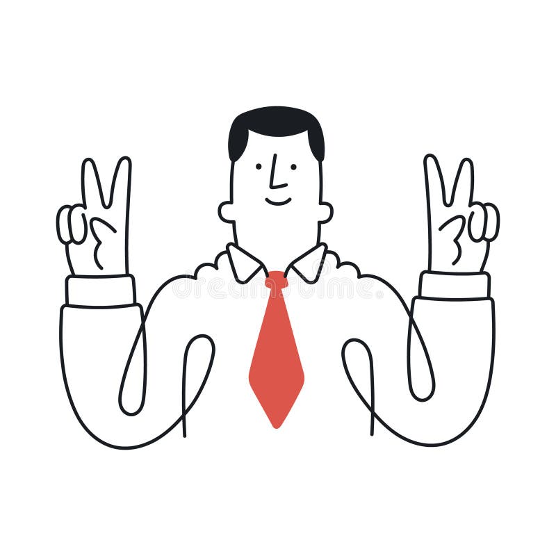 Happy Man Doing Victory Sign. Outline, Linear, Thin Line, Doodle Art ...