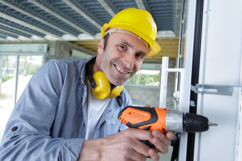 Happy Man Drilling Wall with Drill Perforator Stock Photo - Image of ...