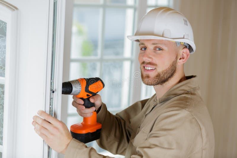 Happy Man Drilling Wall with Drill Perforator Stock Image - Image of ...