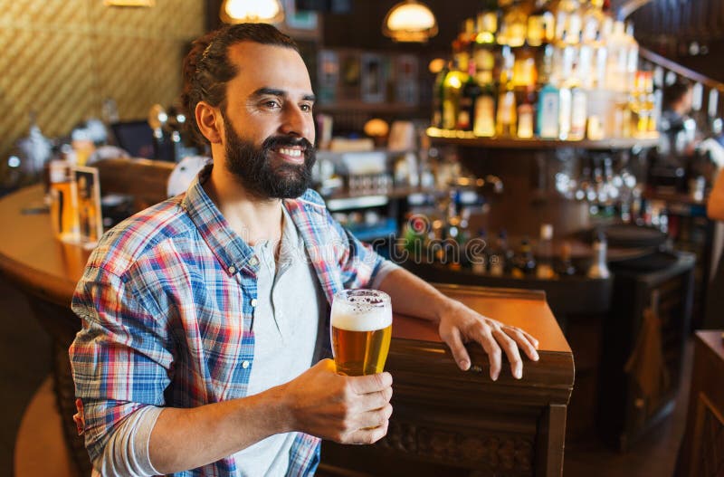 Happy Man Drinking Beer at Bar or Pub Stock Image - Image of lifestyle ...