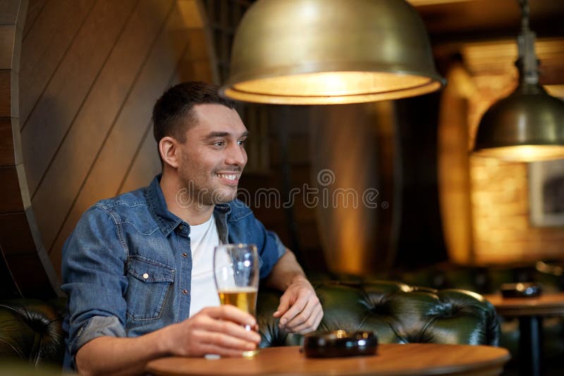 Happy Man Drinking Draft Beer at Bar or Pub Stock Image - Image of beer ...