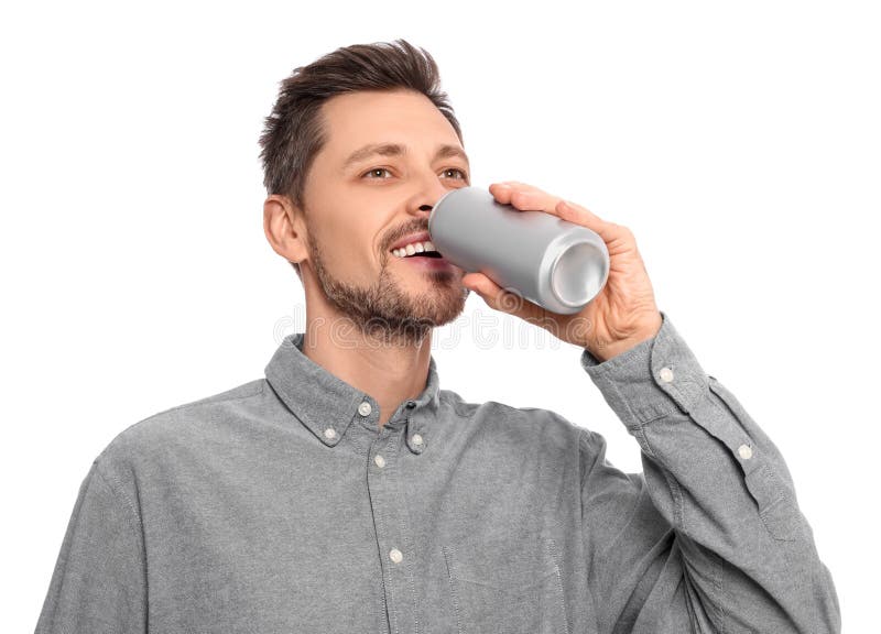 Happy Man Drinking from Tin Can on White Background Stock Image - Image ...