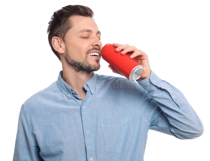 Happy Man Drinking from Tin Can on White Background Stock Image - Image ...