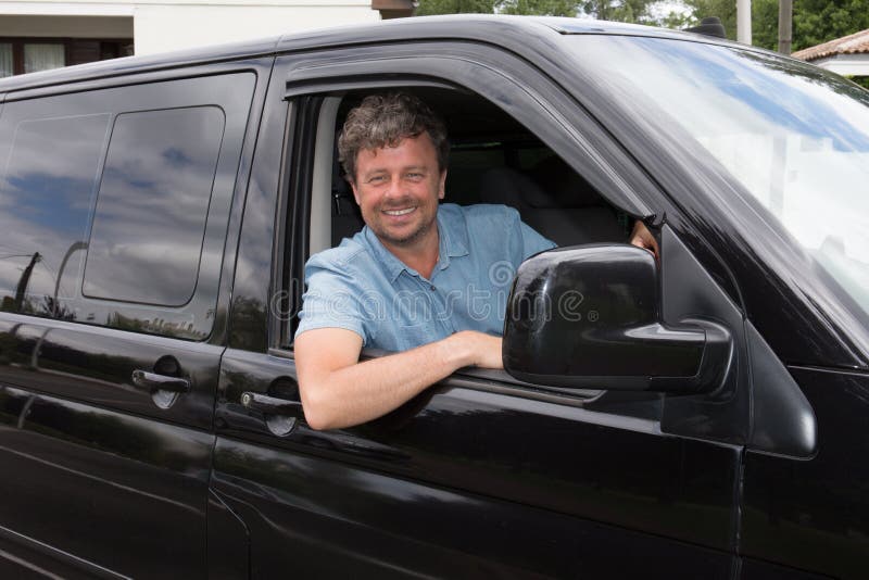 Happy Man Driving Black Vip Van Stock Image - Image of driving ...