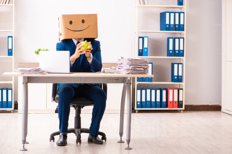 The Happy Man Employee with Box instead of His Head Stock Image - Image ...