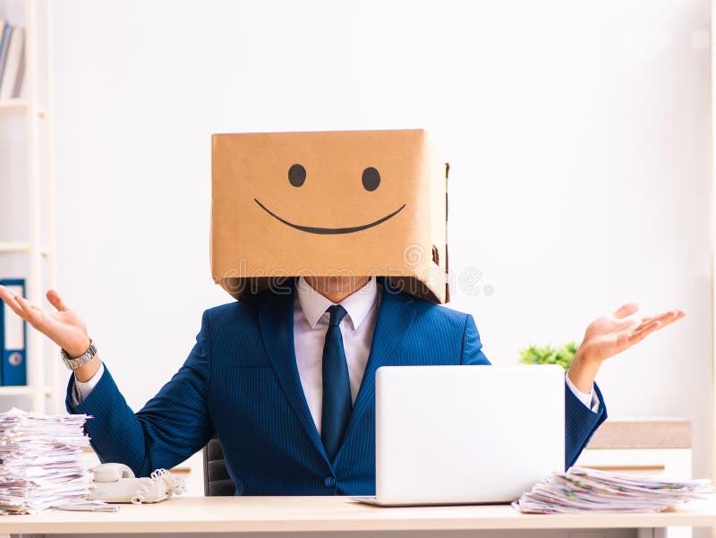 Happy Man Employee with Box instead of His Head Stock Photo - Image of ...