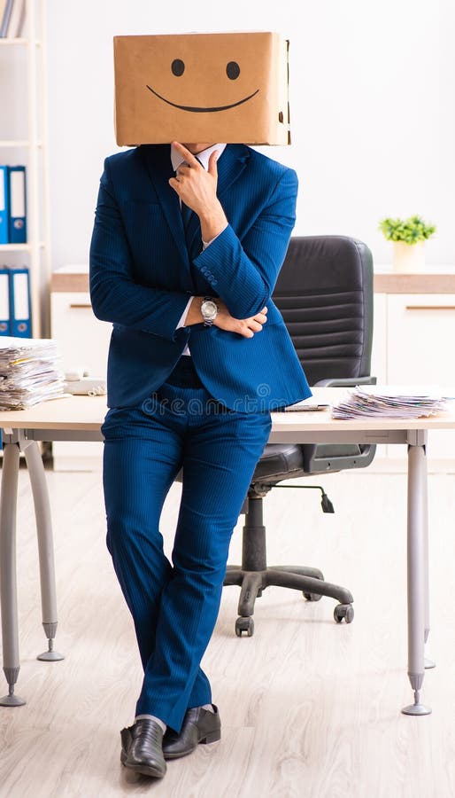 Happy Man Employee with Box instead of His Head Stock Photo - Image of ...