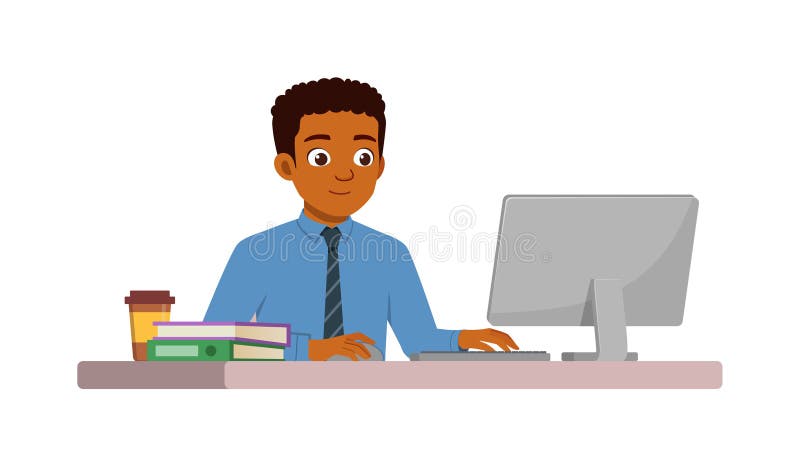 Happy Man Employee Sit in Desk Working on Office with Computer Stock ...