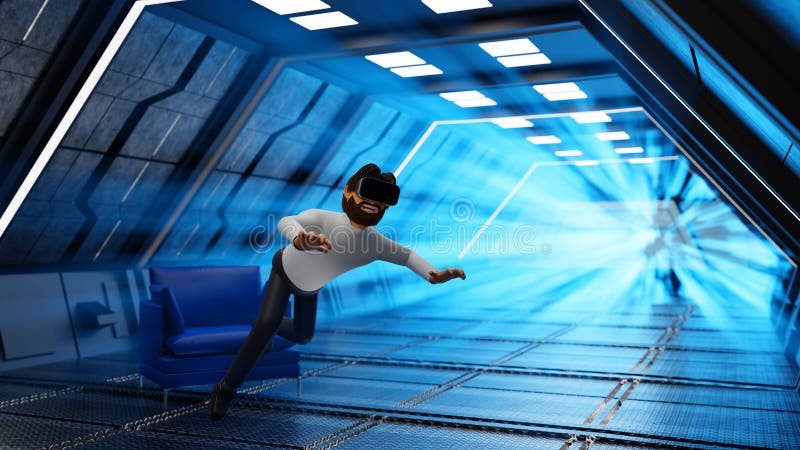 Man Enjoy Virtual Reality with VR Glasses and Levitation in Sci Fi Spaceship, Artificial ...