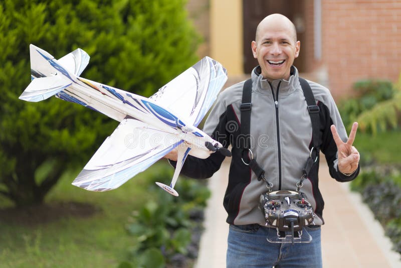 Happy Man Enjoying Model Airplane Stock Image - Image of engine ...