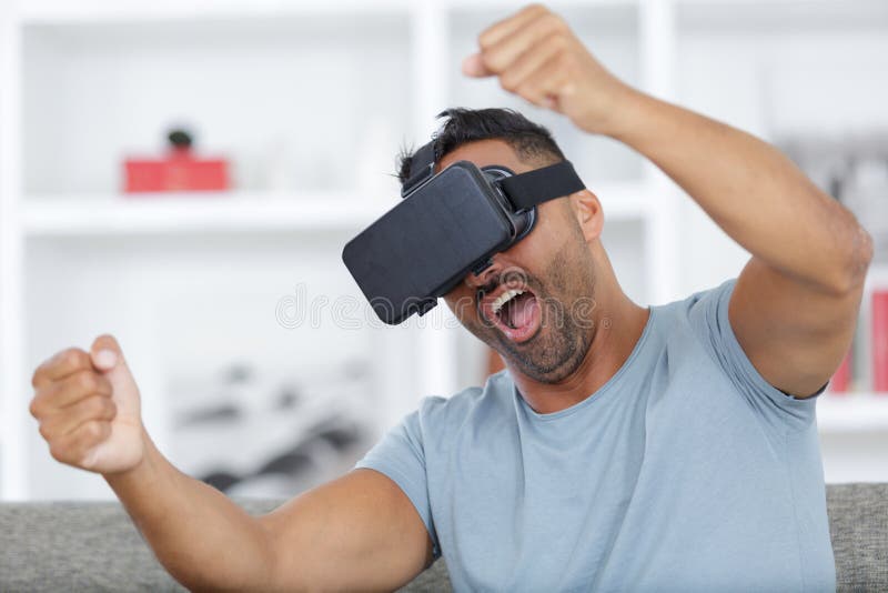 Happy Man Exploring Virtual Reality 3d Headset Simulation Stock Photo ...