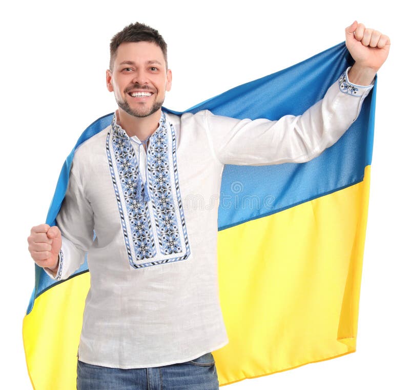 Happy Man with Flag of Ukraine on White Background Stock Image - Image ...