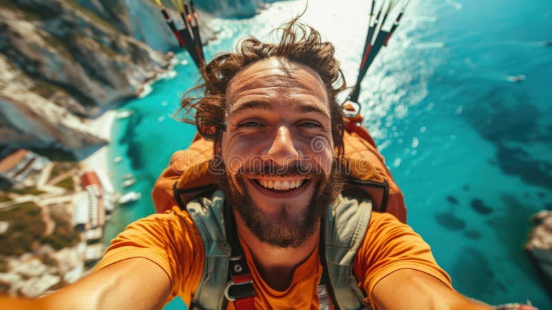 Happy Man Flying in the Sky with a Parachute. Tourist with a Parachute ...