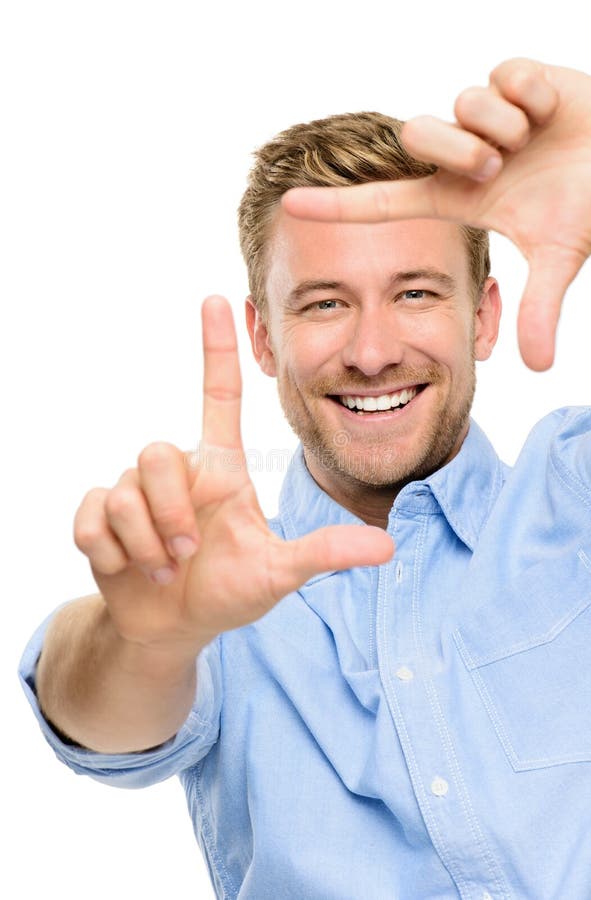 Happy Man Framing a Photograph - Portrait on White Background Stock ...