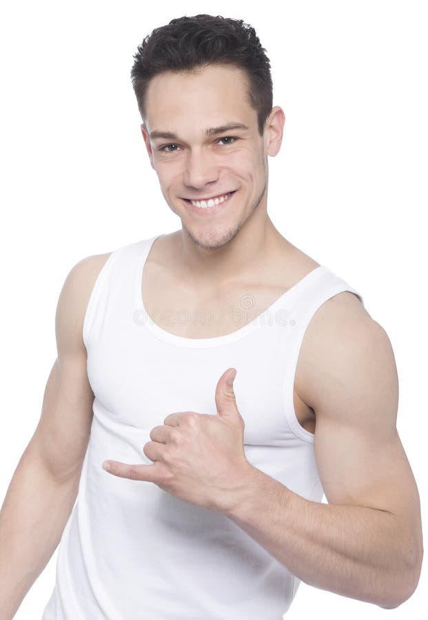 Happy Man Gesturing Call Sign Stock Image - Image of people, portrait ...