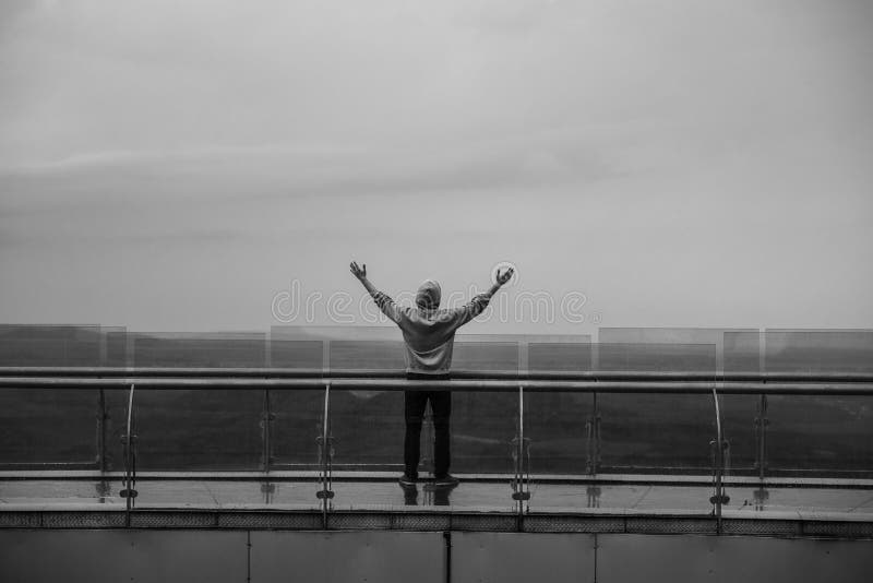 Happy Man with Hands Up Standing in the Mountains Stock Image - Image ...