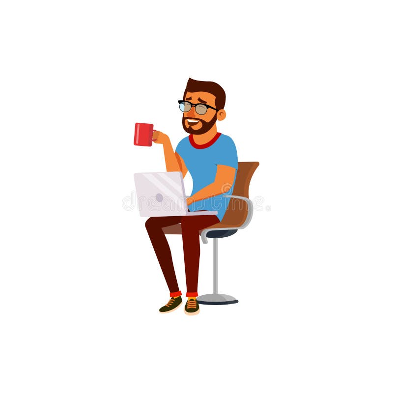 Happy Man Has Funny Time with Computer Technology Cartoon Vector Stock ...