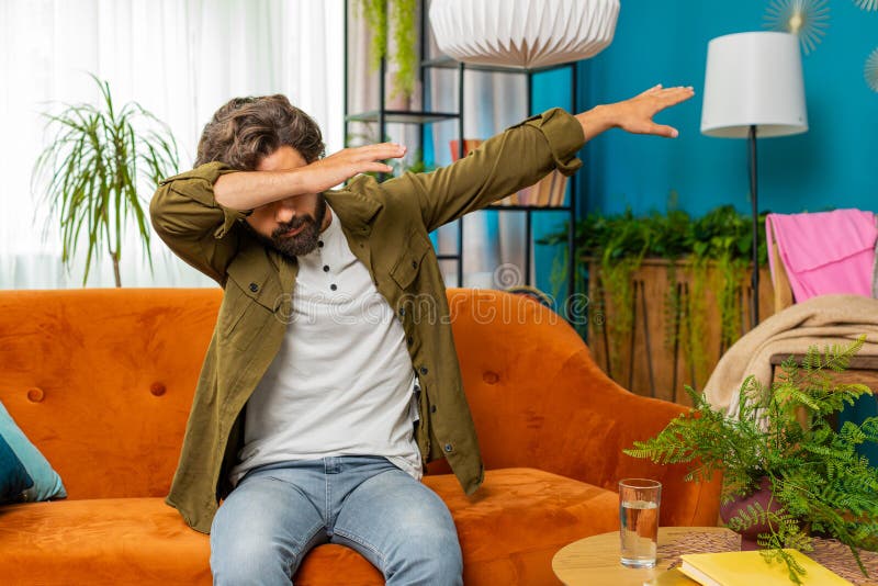 Happy Man Having Fun, Dancing, Dabbing Raising Hands, Making Dub Dance ...