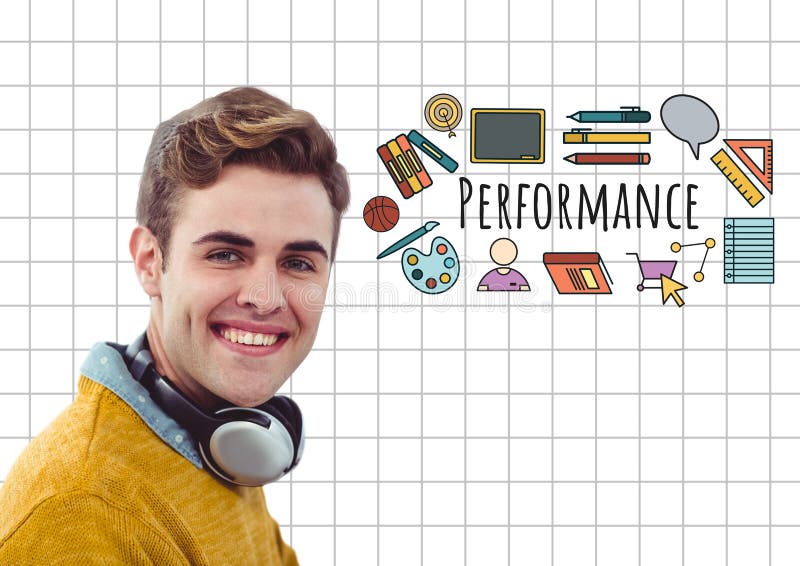 Happy Man with Headphones and Performance Text with Drawings Graphics ...