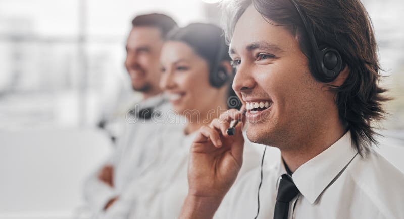 Cheerful Male Operator Speaking with Customer Stock Photo - Image of ...