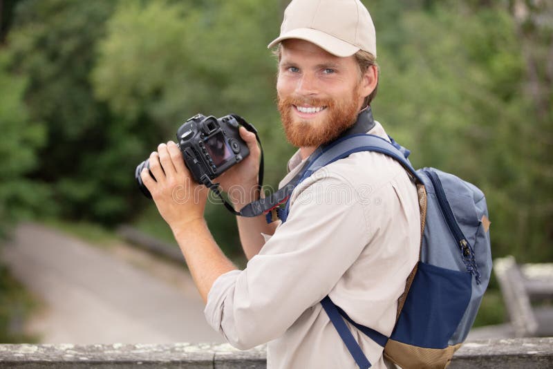 Happy Man on Hiking Trip with Dslr Camera Stock Image - Image of ...