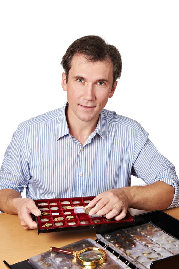Happy Man with His Collection Numismatist Coins Stock Photo - Image of ...