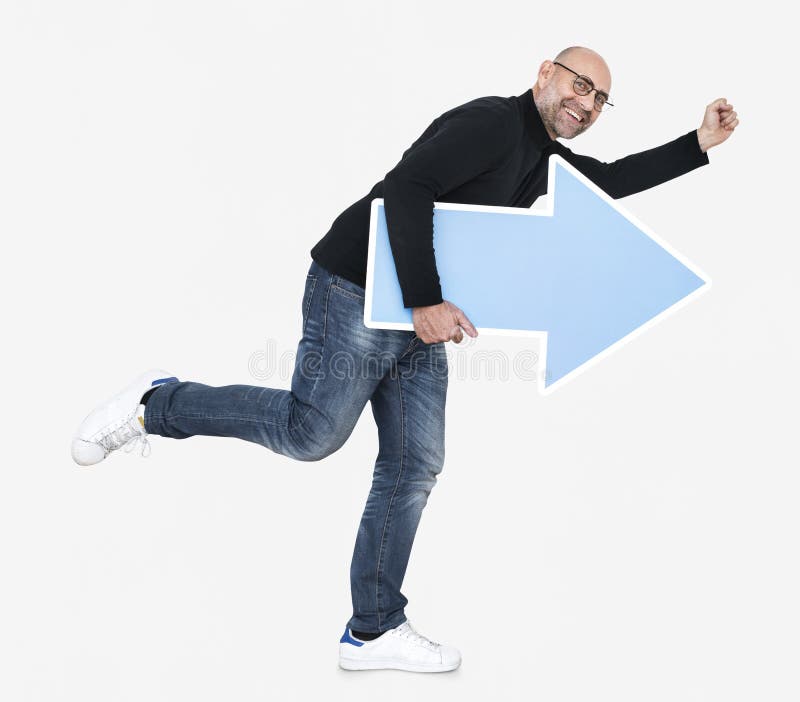 Happy Man Holding Blue Arrow Icon Stock Image - Image of arrow ...