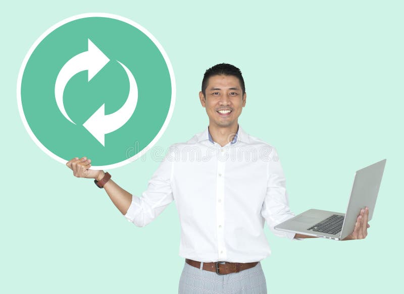 Happy Man Holding a Laptop and a Refresh Icon Stock Photo - Image of ...