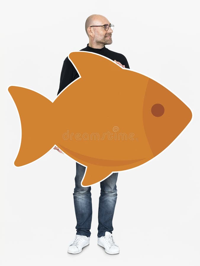Happy Man Holding an Orange Fish Stock Image - Image of concept, future ...