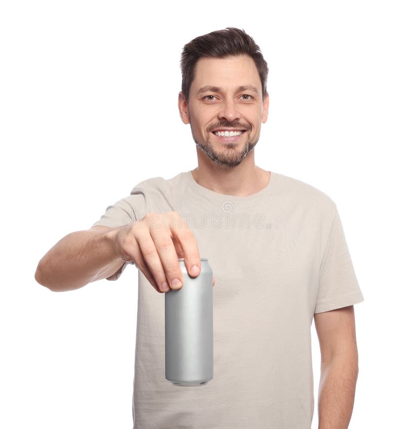Happy Man Holding Tin Can with Beverage on White Background Stock Photo ...