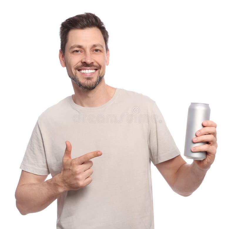 Happy Man Holding Tin Can with Beverage on White Background Stock Photo ...